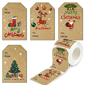 Gift Tags Sticker Christmas, 300 Christmas Kraft Stickers Roll, 2"X3" Christmas Gift Tags Stickers Self-Adhesive, Christmas Stickers for Crafts Cards Gift Bags