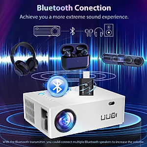 UUO Bluetooth Projector Upgraded 1080P Native Projector, Support 4K Video 300" Display Zoom ±50° Keystone,Compatible with TV Stick,PS4,X-Box,Laptop,iPhone Android for Home Theater(Brushed Silver)