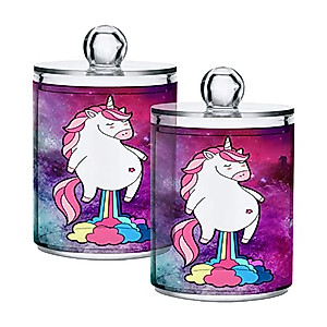 KEEPREAL Funny Unicorn Galaxy Rainbow Fart Qtip Holder Dispenser with Lids, 2PCS Plastic Food Storage Canisters, Apothecary Jar Containers for Vanity Organizer Storage