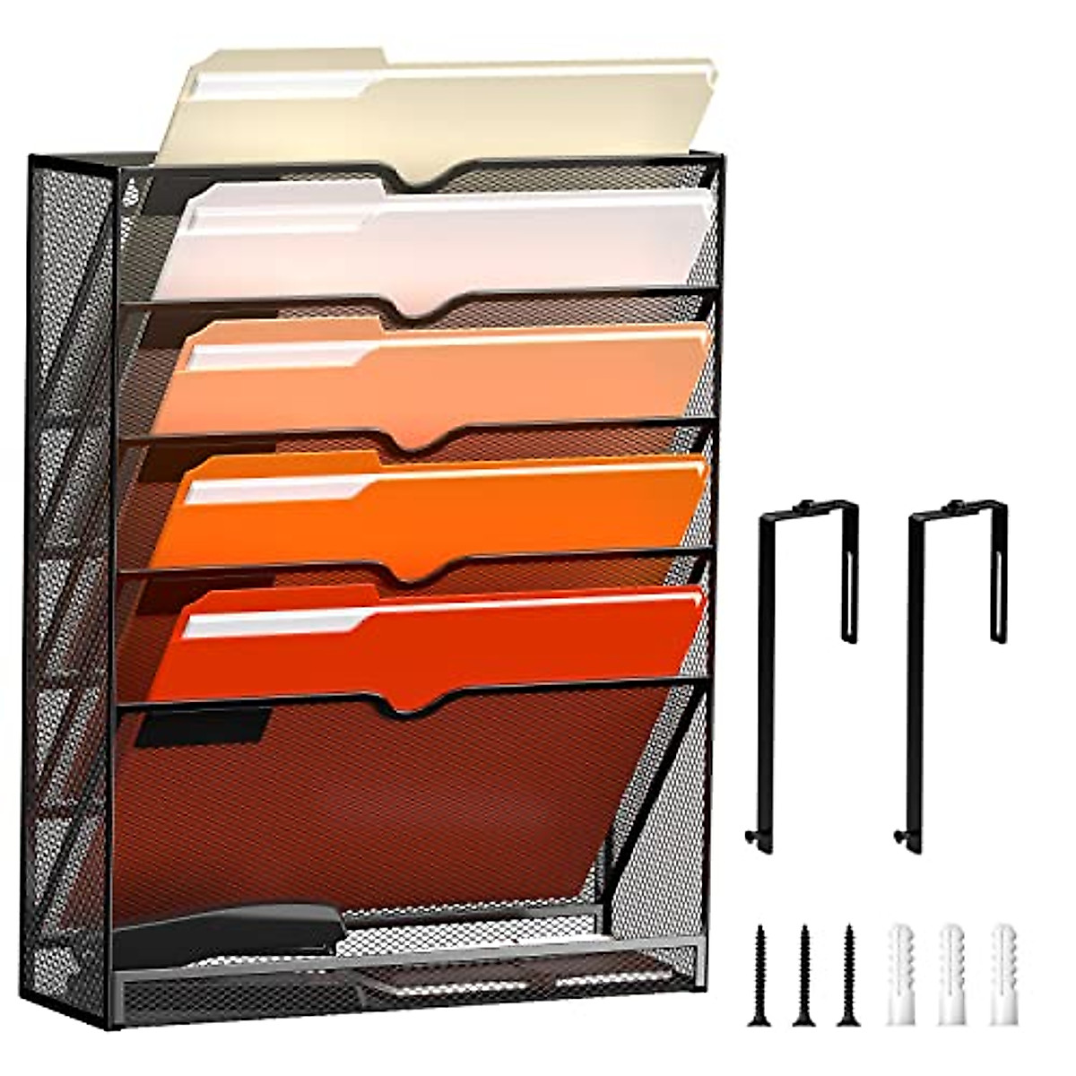 SUPEASY 6-Tier Wall File Organizer with Hooks, Hanging Wall File Holder for Papers, Folders, Files Clipboard & Magazine Organization Great for Office Home, Black