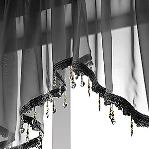 PearAge Beaded Sheer Triangle Valance Curtains for Living Room,Rod Pocket Farmhouse Window Valance, Bead Trim Tassel Voile Sheer Curtain Valance for Bedroom Bathroom Cafe 51x24 Inches (Black) 1PC
