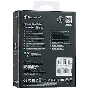 Transcend 2TB StoreJet 25M3C USB Type-C Portable Hard Drive (HDD) Rugged, Anti-shock resistant, Compact and Lightweight with Lightning-fast Speeds and a One Touch Backup Button (Iron Grey) TS2TSJ25M3C