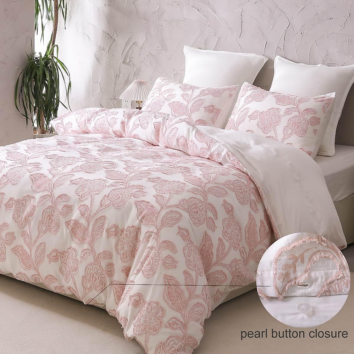 meadow park Cotton Clipped Jacquard Duvet Cover Set Twin, 2 Pieces Jacobean Floral Bedding Set (Pink, Twin)
