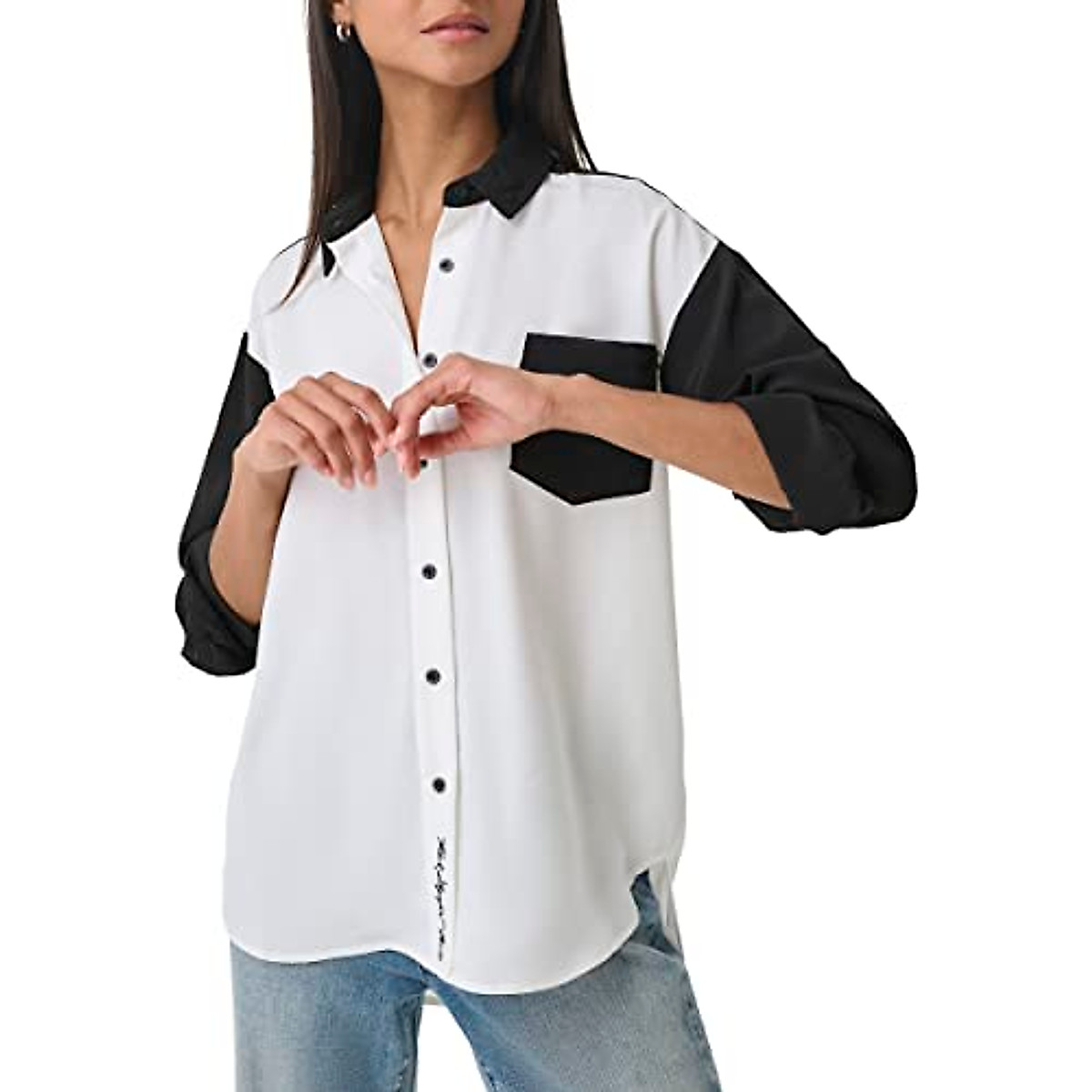 Karl Lagerfeld Paris Women's Soft Long Sleeve Colorblock Everyday Fashion Sport Blouse, White Black, X-Small