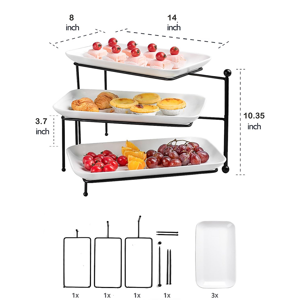 3 Tiered Serving Tray with White Porcelain Platters,Tiered Serving Stand Food Display Stand, Tiered Serving Trays & Platters, Rotatable Foldable Rectangular Plates for Dessert, Brithday Party & Events