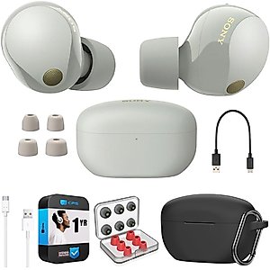 Sony WF-1000XM5 Industry Leading Noise Canceling Truly Wireless Earbuds (Silver) Bundle with Silicone Case (Black), Memory Foam Ear Tips, USB-A to USB-C Cable & 1 YR CPS Enhanced Protection Pack