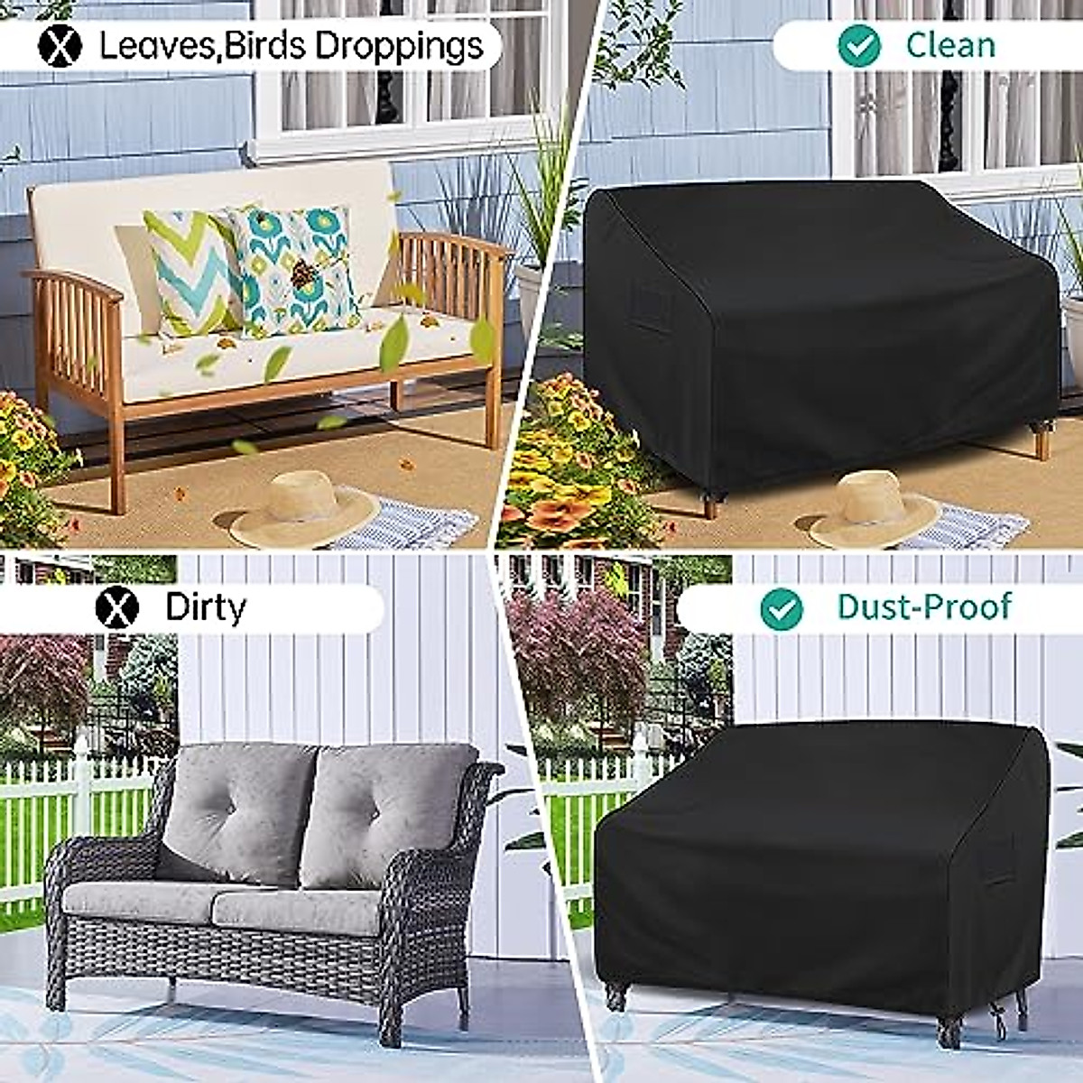 HENAYUK Waterproof Outdoor Sofa Cover, Heavy Duty 2 Seater Outdoor Loveseat Cover, 600D Windproof Patio Sofa Cover with Air Vent and Handles, 54W x 37D x 35H Inches, Black