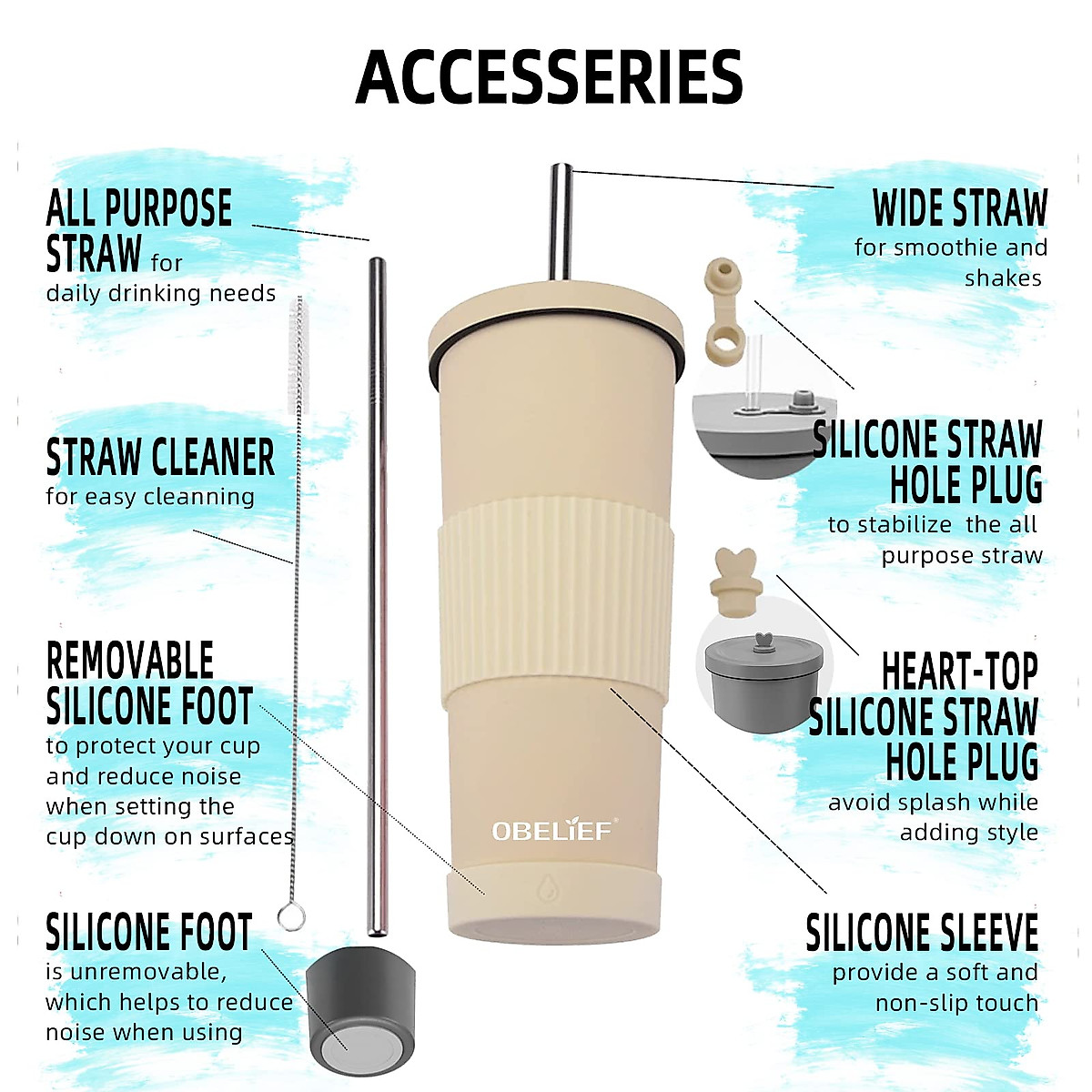 OBELIEF 30oz Insulated Tumbler With Lid and Straw, Silicone Sleeve Coasters And Straw Tips, Insulated Coffee Mug, Thermos Coffee, Gift For Women Mom Girlfriend (Cream)