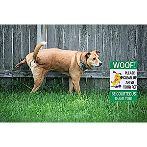 WaaHome Pack of 2 Double Sided Woof Please Clean Up After Your Pet Yard Signs with Stakes, 8"X12" Funny No Poop Pee Dog Yard Sign Lawn Sign