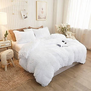 XeGe Plush Shaggy Duvet Cover, Luxury Ultra Soft Crystal Velvet Fuzzy Bedding 1PC(1 Faux Fur Duvet Cover), Fluffy Furry Comforter Cover with Zipper Closure(Queen, White)