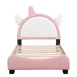Bellemave Twin Size Princess Bed Frame with Unicorn Shape Headboard,PU Upholstered Princess Twin Bed for Girls,Kids Twin Platform Bed(Twin,Pink)