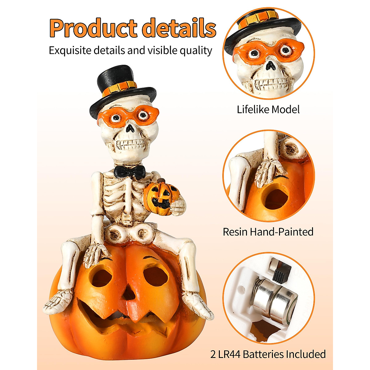 iStatue Halloween Decorations, 2-Pack Resin Black Cat & Skeleton on Pumpkin with Jack-o’-Lantern Lights - Indoor/Outdoor Gift for Fireplace Table Top Party Tiered Tray Decor (Skeleton & Cat)