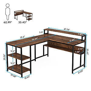 Tribesigns Reversible L Shaped Desk, L Shape Computer Table with Monitor Stand and Storage Shelves, Industrial Corner Desk with Printer Space, Work Desk for Home Office, Small Spaces