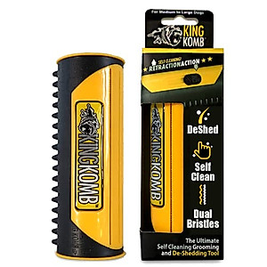 King Kanine | King Komb | Deshedding Tool | Top & Undercoat | Self Clean | Retractable Blades | 3 Metal Deshedding Edges | Rubber Bristles for Grooming | Large Yellow