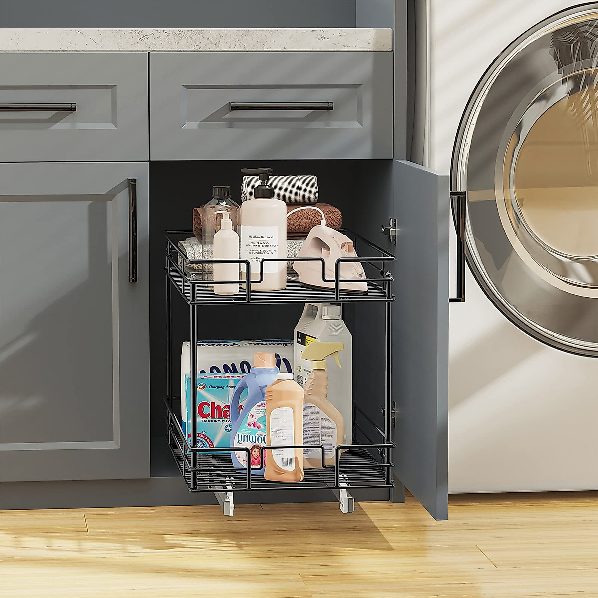 LOVMOR Pull Out Cabinet Organizer and Storage (14" W x 18" D) 2-Tier Pull Out Shelf Storage for Kitchen Base Cabinet Black