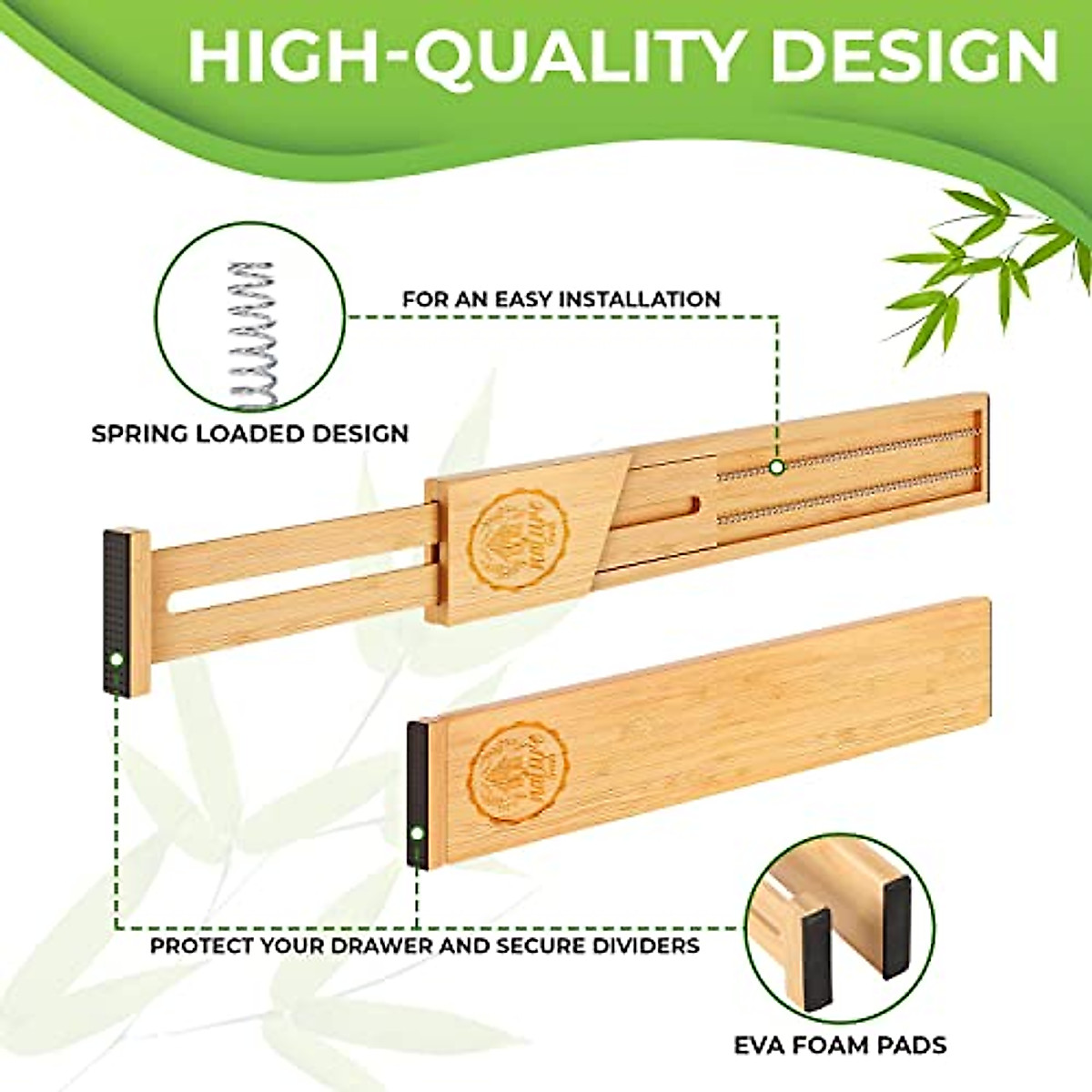 Nature Trends 4pcs Adjustable Bamboo Drawer Dividers, Spring Loaded Large Wooden Dresser Drawer Dividers for Kitchen, Bathroom, Bedroom, Baby Drawer, Office (Large (upto 21.5 inch) ) Natural