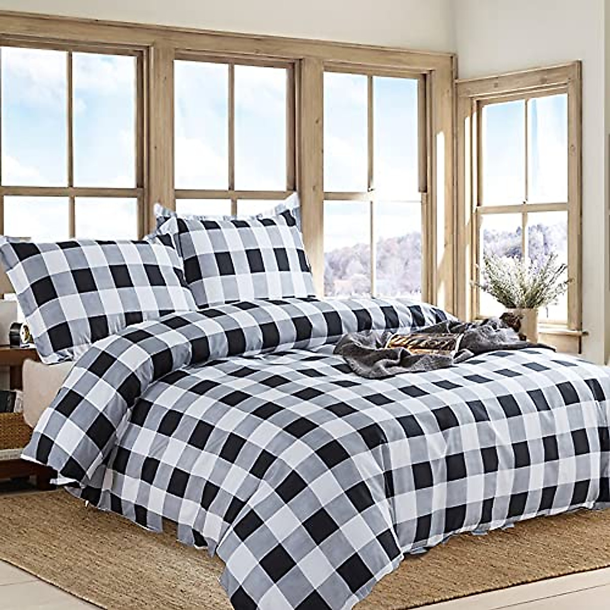 FADFAY Buffalo Plaid College Dorm Duvet Cover Set 100% Microfiber Black and White Gingham Plaid Geometric Checker Bedding Set with Hidden Zipper Closure 3Pc, 1Duvet Cover + 2Pillowcases, Twin XL Size