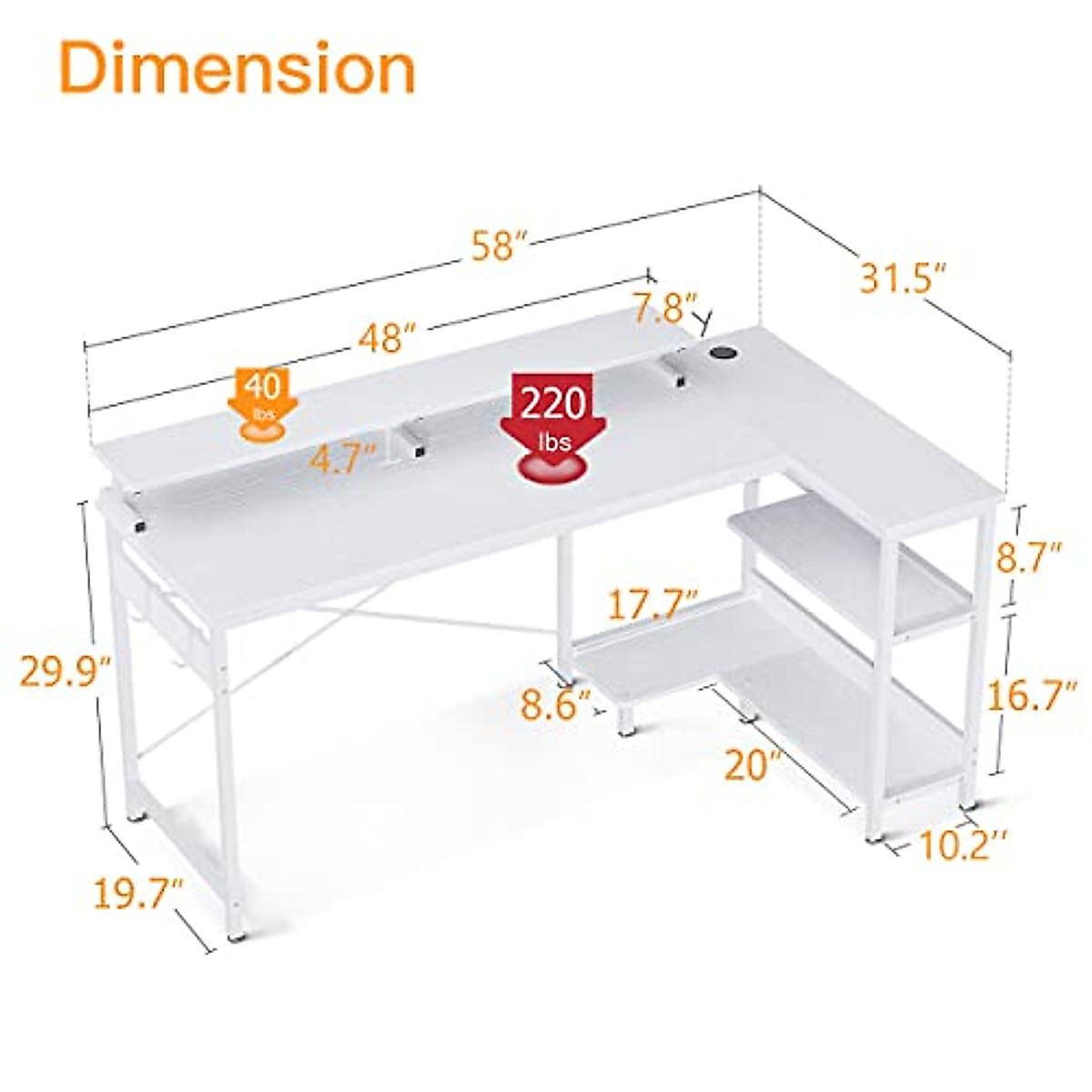 ODK Small L Shaped Desk, 58 inch Corner Desk with Reversible Storage Shelves, Computer Desk with Monitor Shelf and PC Stand for Home Office, Gaming Desk with Headphone Hooks, White