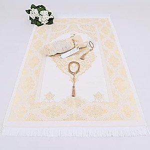 Islamic Elite Favors Personalized Muslim Lightweight Travel Prayer Rug Beads Set, Prayer Mat Tasbeeh Set, Ramadan Eid Hajj Umrah Wedding Birthday Graduation Mother's Day (Gold)