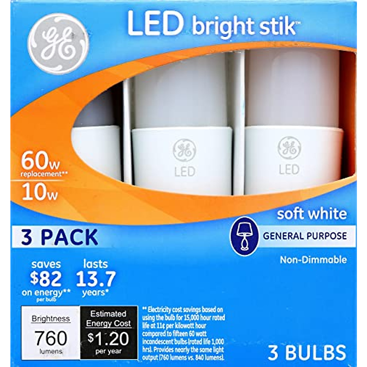 GE Lighting 79368 LED Bright Stik 10-watt (60-Watt Replacement), 760-Lumen Light Bulb Non-Dimmable with Medium Base, Soft White, 1 Box (3 Bulbs Total)