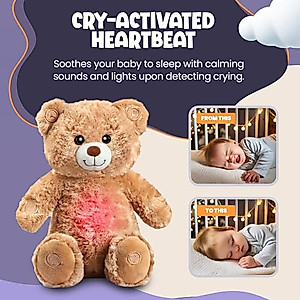 Gemma Joy Bedtime Baby Soothers for Sleep, Cry Activated Heartbeat Stuffed Animal for Baby, Newborn, Calming Light, Lullaby Music, White Noise, Shush and Mother’s Heartbeat - (Bear, Rechargeable)