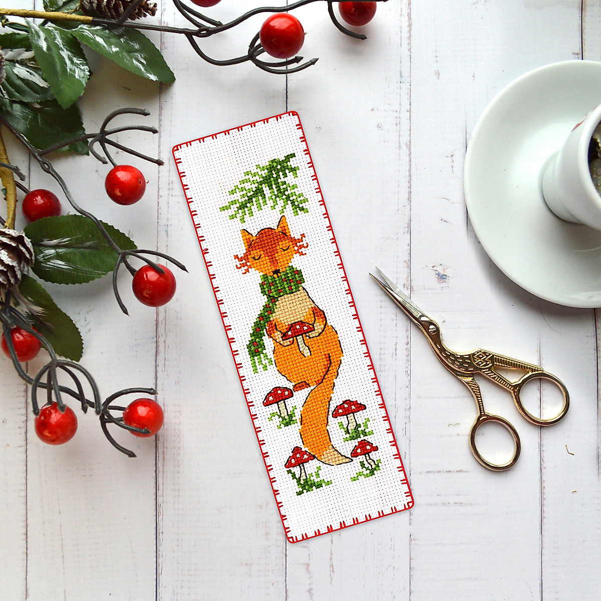 Povitrulya Mushroom Fox - Counted Cross Stitch Bookmark Kit - Handmade Gift