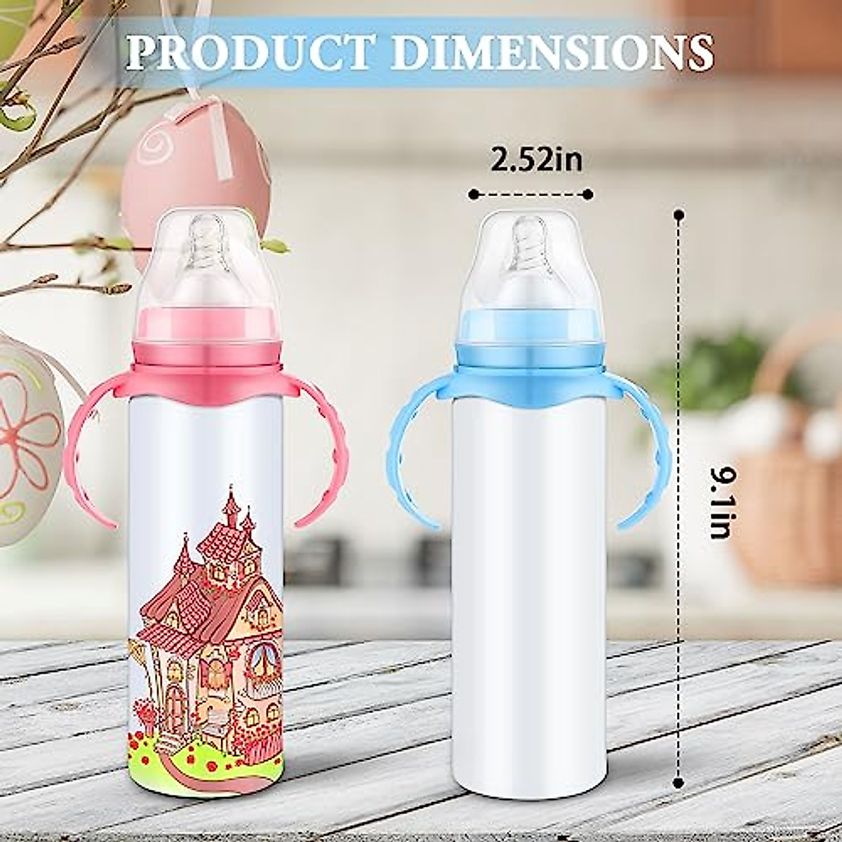 TrelaCo 4 Pcs 8 oz/ 240 ml Baby Bottle Stainless Steel with Pink and Blue Handle Sublimation Blank Kids Stainless Steel Tumblers Anti Drop Baby Bottle Stainless Steel Toddler Water Insulated Cups