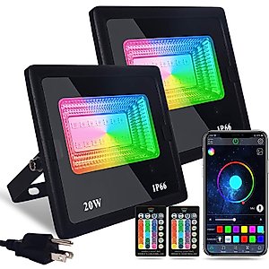 LED Flood Light RGB Color Changing Outdoor Lights(2 Pack 20W), Bluetooth Connected APP Control, IP66 Waterproof, Timing, 2700K-6500K, Christmas Lights for Garden Landscape Stage Lighting