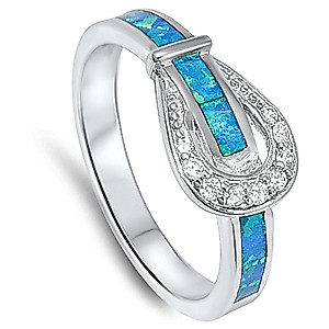 Belt Buckle Design Clear CZ Blue Simulated Opal Ring .925 Sterling Silver Size 6