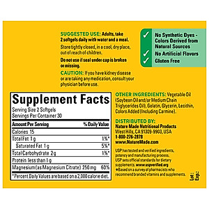 Nature Made Magnesium Citrate 250 mg per serving, Magnesium Supplement for Muscle, Nerve, Bone and Heart Support, 60 Softgels, 30 Day Supply