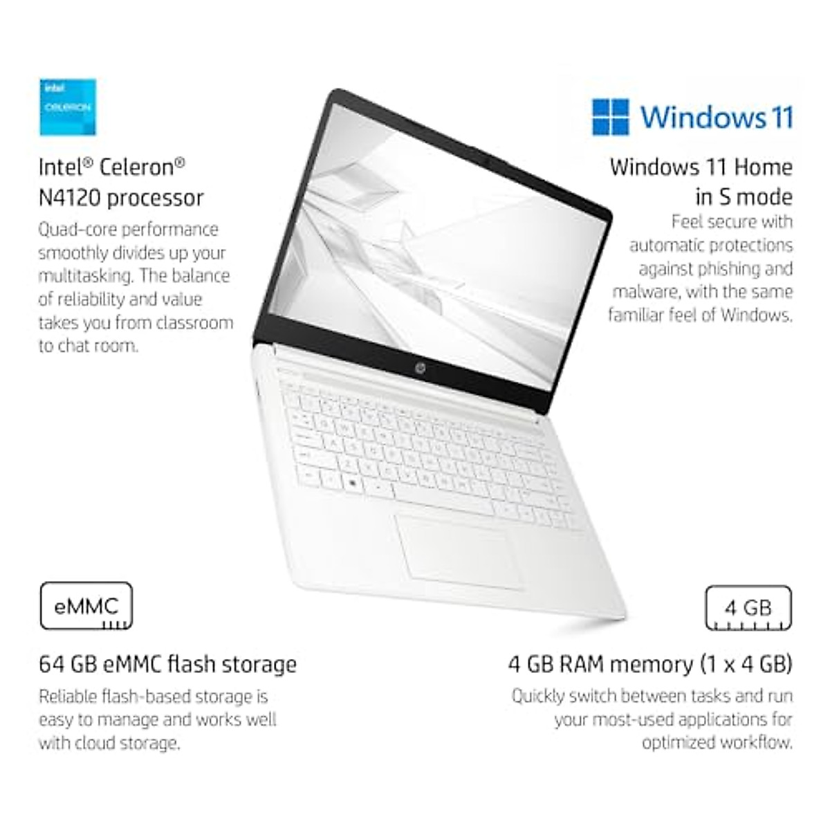 HP Newest 14" Ultral Light Laptop for Business. Intel Quad-Core N4120(> N4020), 8GB RAM, 192GB Storage, 1 Year Office 365, (64GB eMMC+128GBSD Card) Webcam, HDMI, WiFi, USB-A&C, Win 11 S/OLY