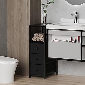 YBING Narrow Dresser, Side Table with 3 Fabric Drawers, Slim Dresser with Open Shelves, Slim Bedside Table for Bedroom, Small Spaces, Black