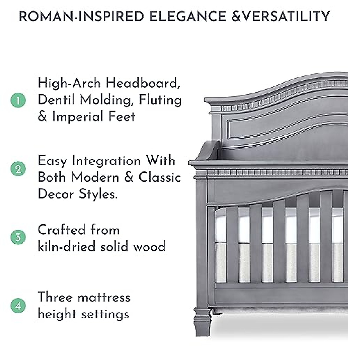 Evolur Cheyenne 5 in 1 Full Panel Convertible Crib in Storm Grey, JPMA & Greenguard Gold Certified, Crafted Out of kiln-Dried Hardwood, Features a high-Arch headboard & 3 Mattress Height Settings