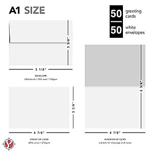 A1 Greeting Cards Set – 4 7/8 x 3 3/8" Blank White Cards and Envelopes – Perfect for Business, Thank You Cards, Wedding Invitations, Bridal Showers, Holidays, Birthdays and All Occasion – Set of 50