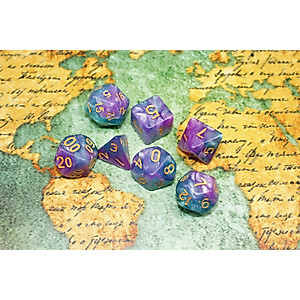 DND Dice Polyhedral 7-Die Dice Set for D&D Dungeons & Dragons Role Playing Gaming Night Sky dice with Glitter Purple Green…