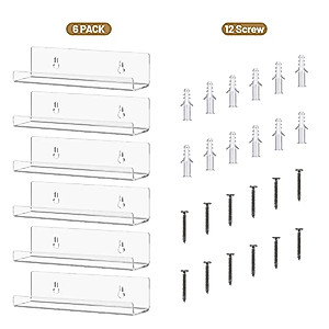 CECOLIC Clear Acrylic Vinyl Record Shelf Wall Mounted Rack 6 Pack, Transparent Floating Shelves Acrylic Album Record Display Holder for Living Room Bedroom Office (7 Inches)