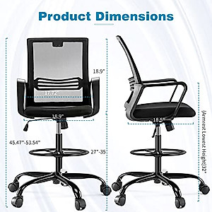 Drafting Chair, Tall Office Chair with Adjustable Foot Ring, Standing Desk Chair with Ergonomic Lumbar Support and Adjustable Armrests, Swivel Rolling Tall Chair, Breathable Mesh, Height Adjustable