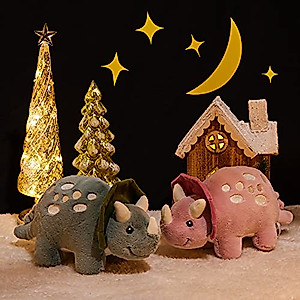 TCBunny Baby Dinosaur 12" Bedtime Stuffed Animal 2-Piece Plush Set, Prefect Kid's Gifts for Boys, Girls, Birthday, Valentine, Christmas (Triceratops-Pink & Green)