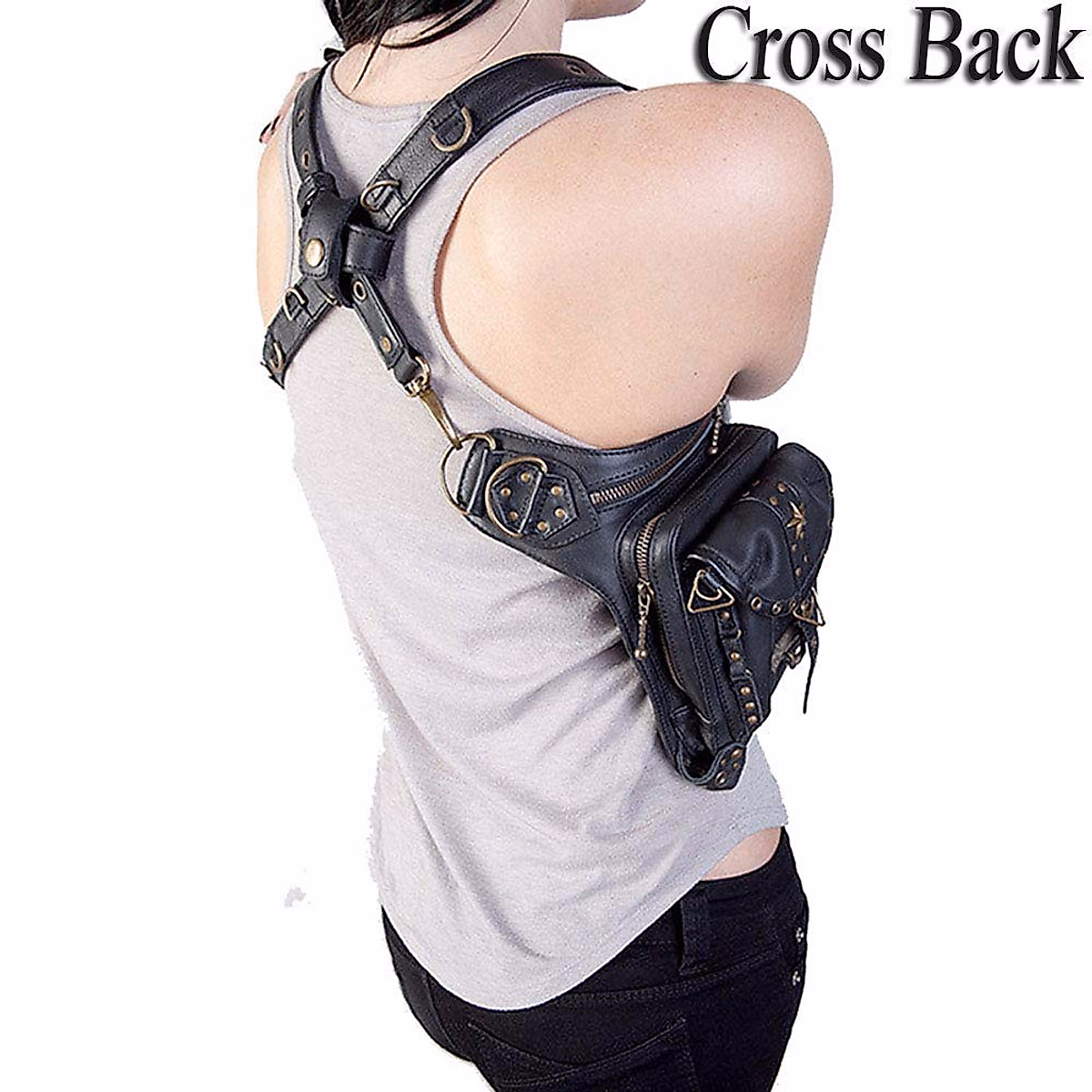 Steampunk Waist Bag Fanny Pack Fashion Gothic Leather Shoulder Crossbody Messenger Bags Thigh Leg Hip Holster Purse Travel Pouch Hiking Sport Chain Bags for Women Men