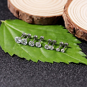 Cisyozi 18G Flat Back Stud Earrings for Women Men 316L Silver Stainless Surgical Steel Diamond Screw Back On Cartilage Helix Tragus Conch Ear Lobe Stud Earrings Set Pack Barbell Piercings Jewelry 6mm