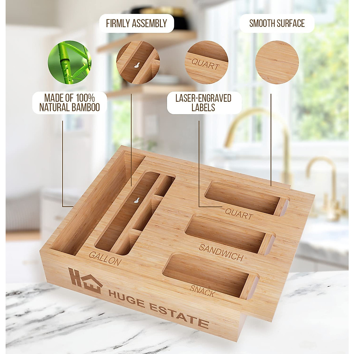 Bamboo Ziplock Bag Storage Organizer Baggie Holder for Drawer and Wall Kitchen Compatible with Solimo, Ziploc, Hefty, Glad for Gallon, Quart, Sandwich, Snack and Slider Bags by brand Huge Estate