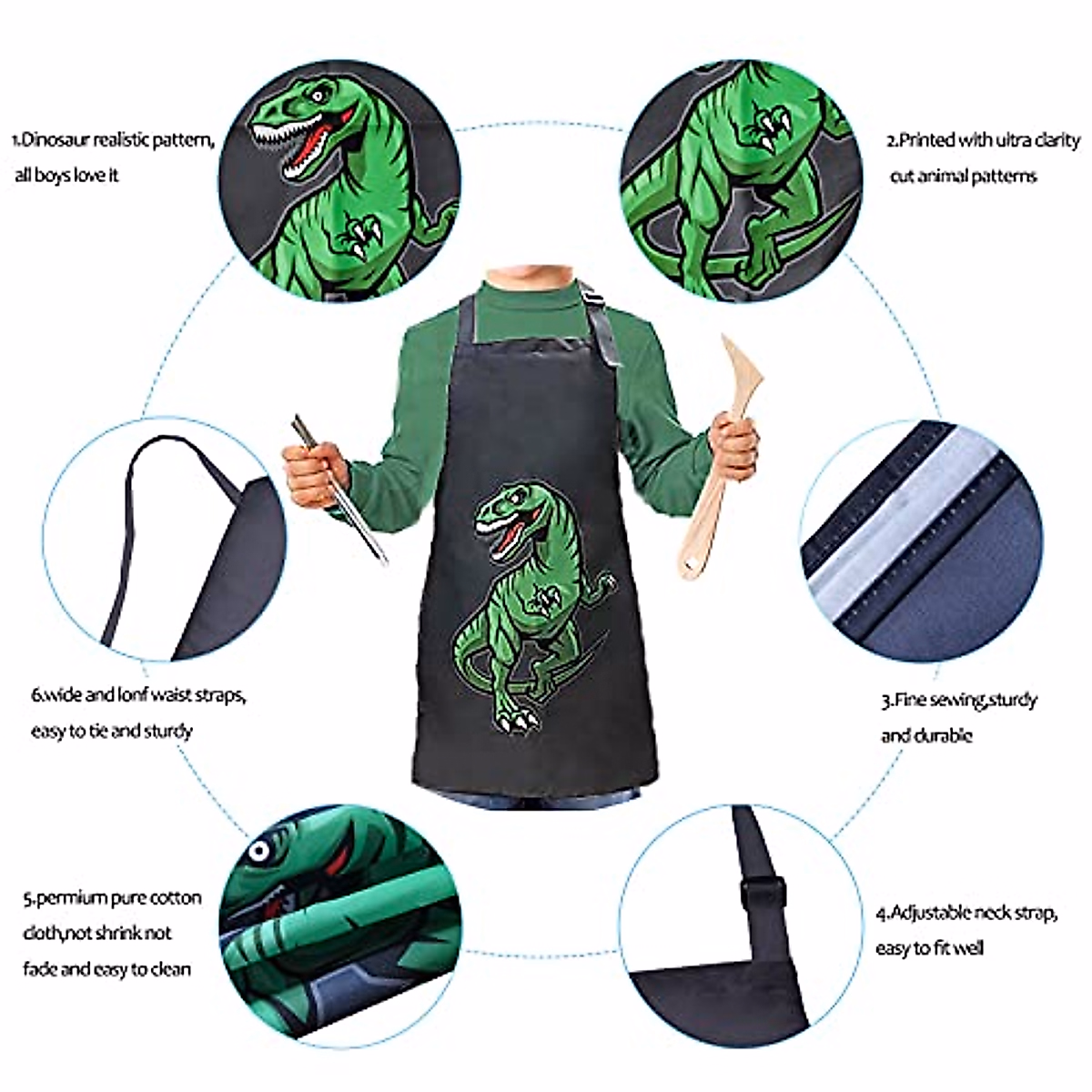 MRYUWB Kids Boys Dinosaur Apron, Girls Aprons for Cooking, Painting, Kitchen Chef Apron for Children 3-12 Years (Black & Green Dinosaur, Large (6-12 Years))