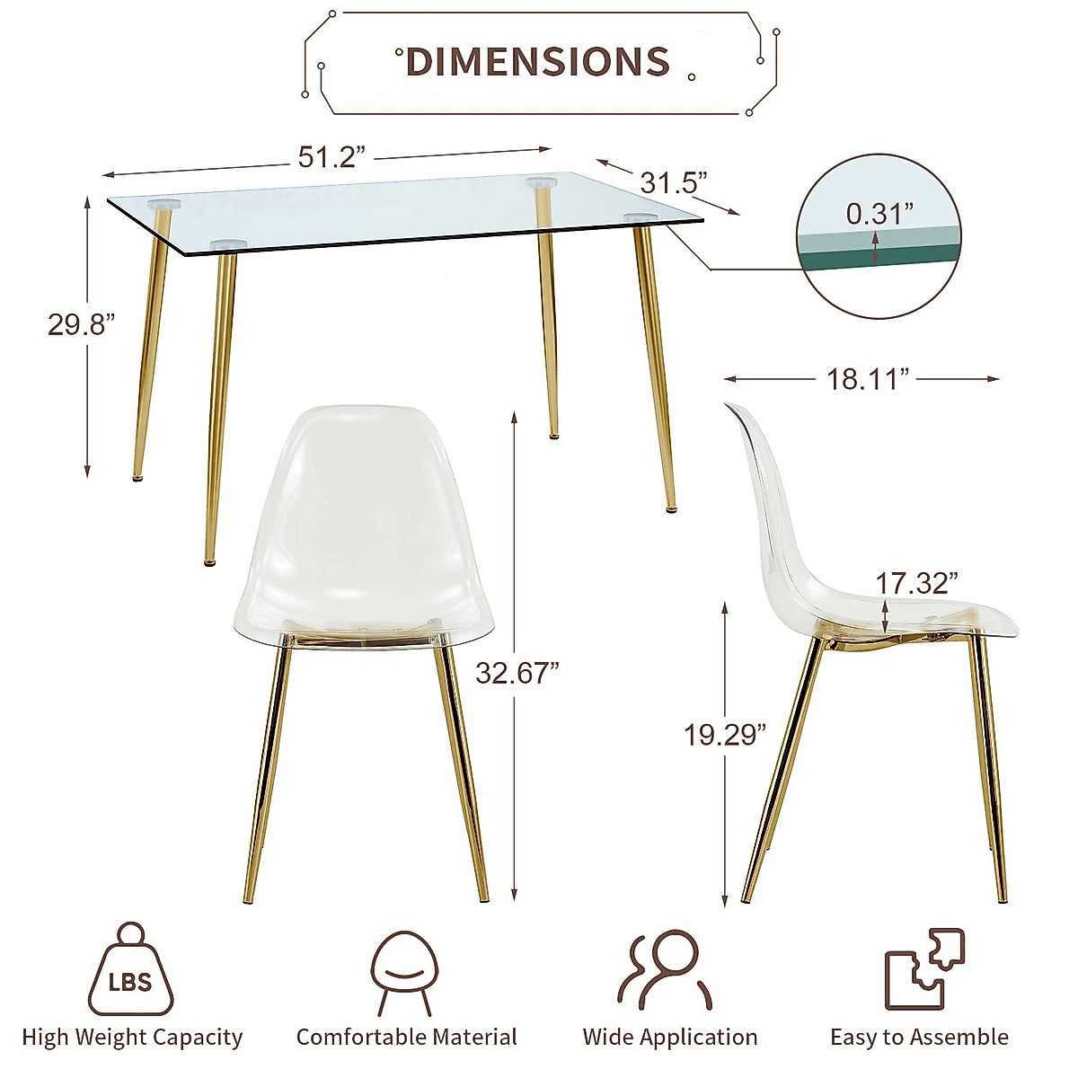 51 inch Glass Dining Table Set for 4, Dining Table & Chair Sets with Gold Plating Legs for Kitchen, Modern Rectangle Tempered Glass Table Top and Transparent Plastic Dining Chair for Dining Room