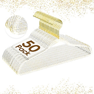 UEAKPIC 50 Pack Clear Plastic Hangers with Gold Glitter, Acrylic Hangers Ultra Slim & Space Saving Suit Hangers for Coats, Pants & Dress Clothes
