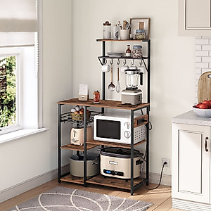 MAHANCRIS Bakers Rack with Power Outlet, Microwave Stand, Industrial Coffee Bar with Wire Basket, Kitchen Storage Rack with 6 S-Shaped Hooks, for Spices, Pots and Pans, Rustic Brown BRHR90E01Z