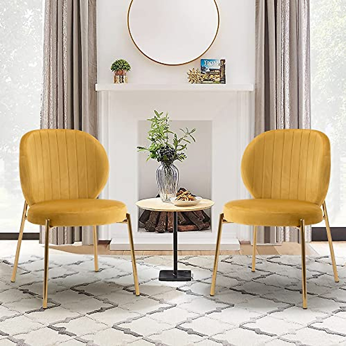 DAGONHIL Velvet Dining Chair,Upholstered Vanity Chairs with Golden Metal Leg,Set of 4(Yellow)