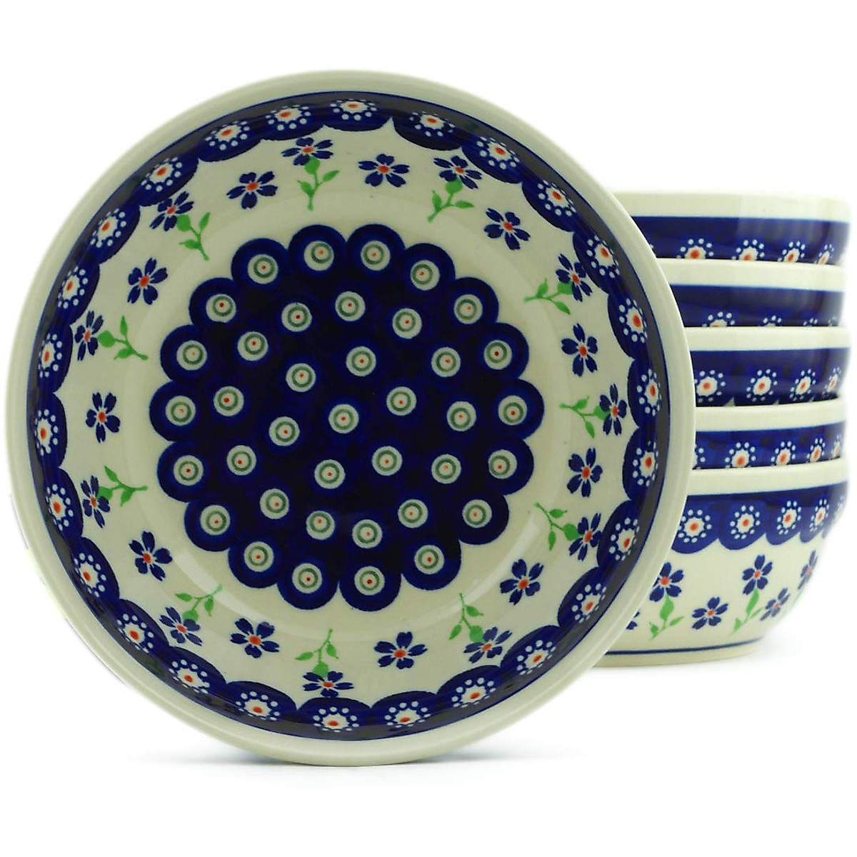 Polish Pottery bowls set of 6 (Bright Peacock Daisy Theme) + Certificate of Authenticity