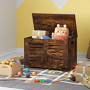 DINZI LVJ Storage Chest, Flip-Top Wooden Toy Box with 2 Safety Hinges, Retro Entryway Shoe Bench, Sturdy Large Storage Trunk for Living Room, Bedroom, Toddler Room, Easy Assembly, Rustic Brown