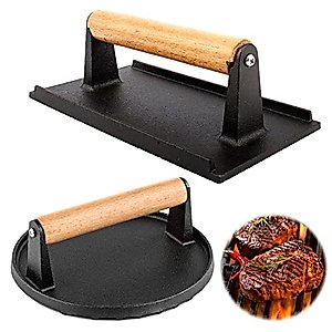 Jarquia 2PCS Bacon Press for Griddle, Round Cast Iron Grill Press for Flat Top Grill, Rectangular Hamburger Smasher for Griddle, Food Meat Press for Steak, Sandwich, Nonstick Pan