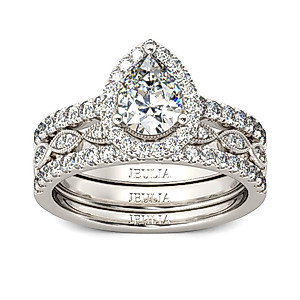 Jeulia Halo Pear Cut Ring Set CZ Heart Shape Engagement Ring for Women Sterling Silver White Diamond Bridal Set Promise Anniversary rings with Jewelry Gift Box (7.5)